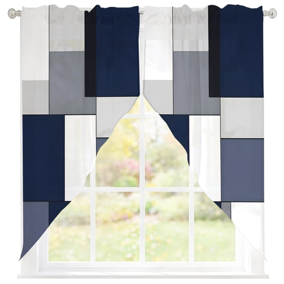 Blue Grey Patchwork Sheer Curtains Swag Valances for Windows Abstract ...