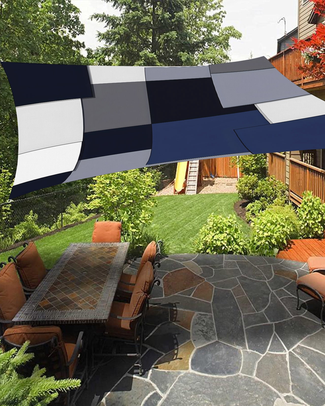 Blue Grey Patchwork Sun Shade Sail 14'X18' Abstract Retro Geometric Art ...
