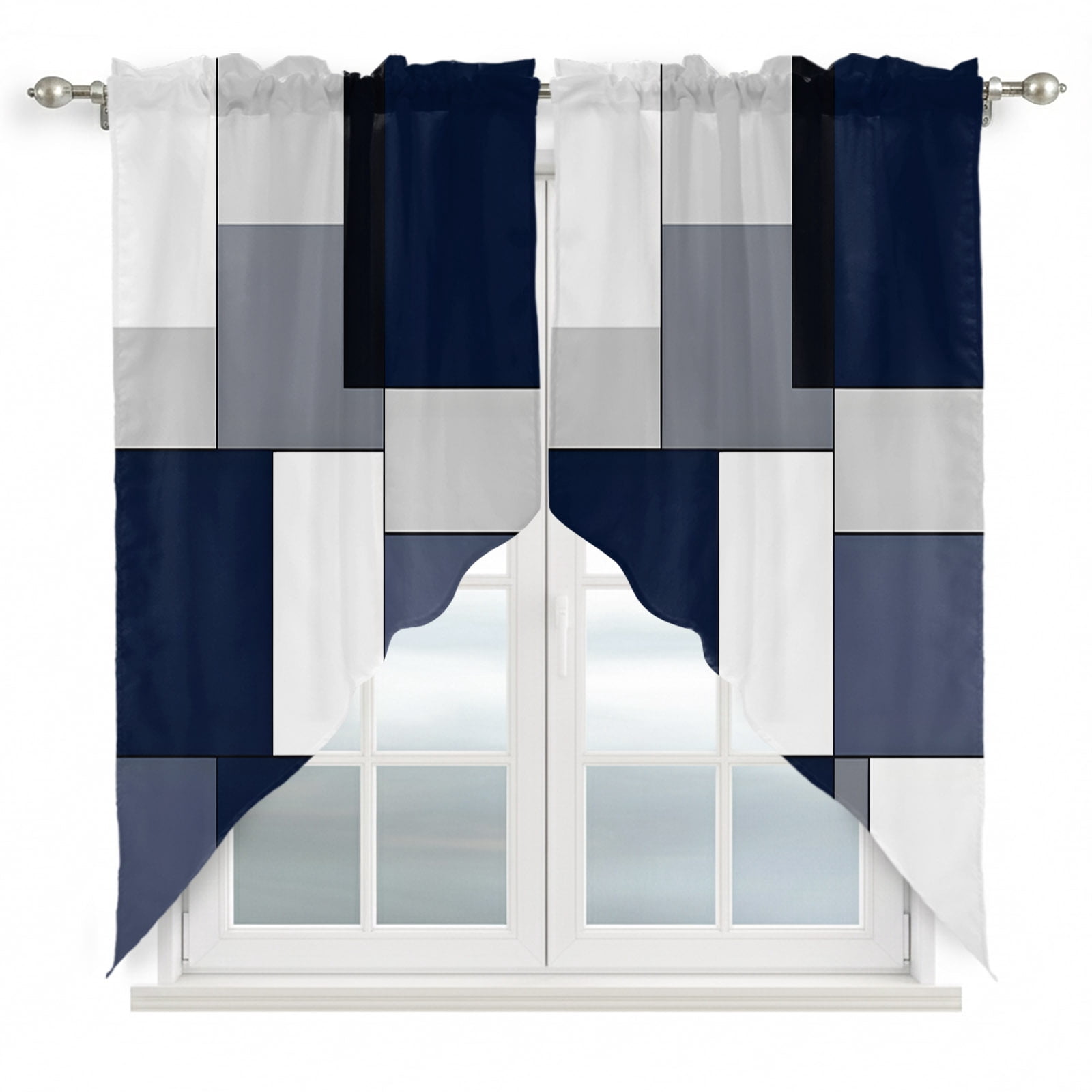 Blue Grey Patchwork Swag Valances for Windows 36 inches Long, Abstract ...