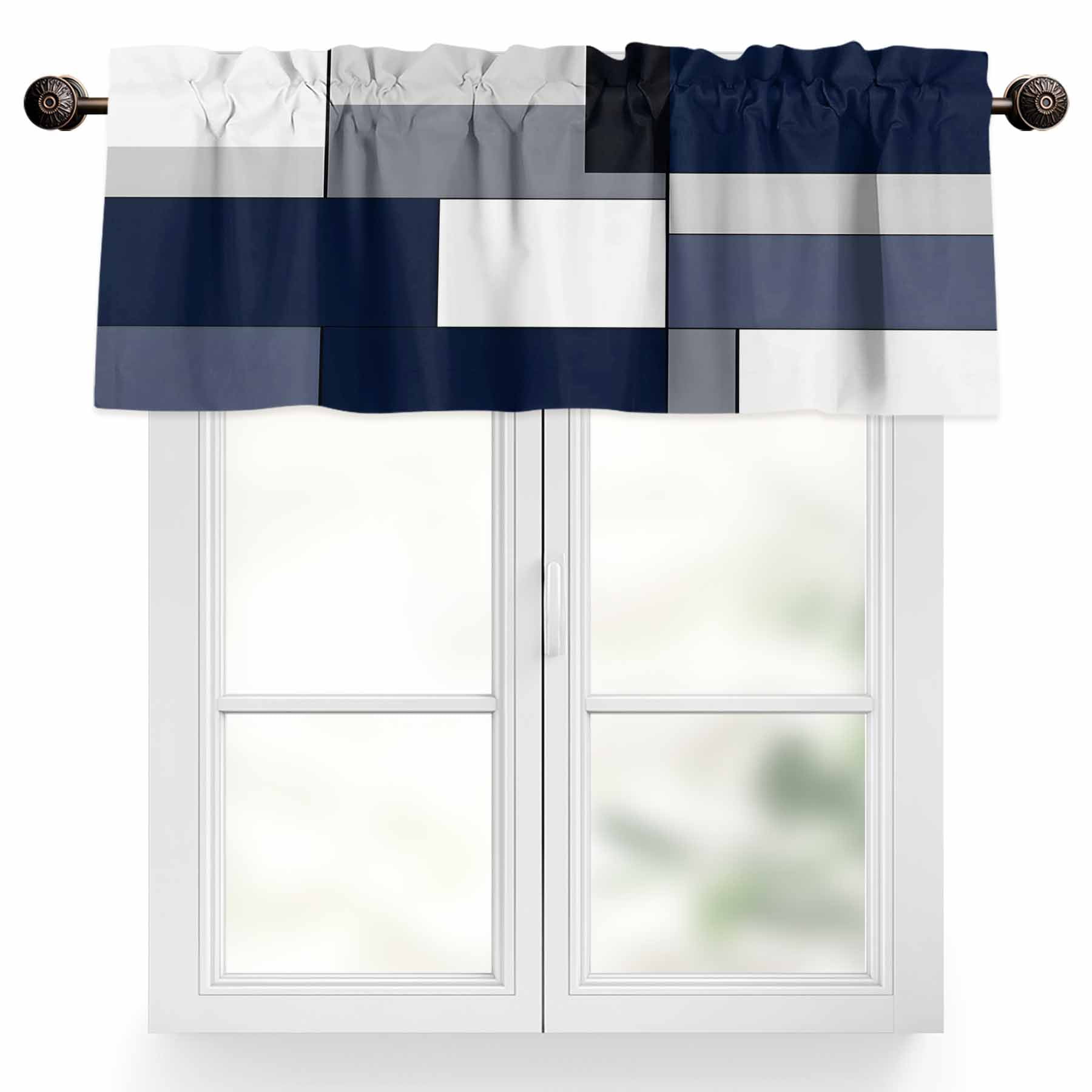 Blue Grey Patchwork Valances for Windows, 60 x 18in, Abstract Geometric ...