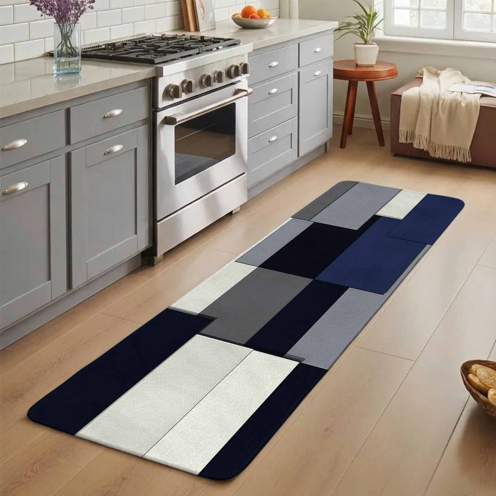 Blue Grey Patchwork Washable Runner Rug 3X5 ft Abstract Retro Geometric ...