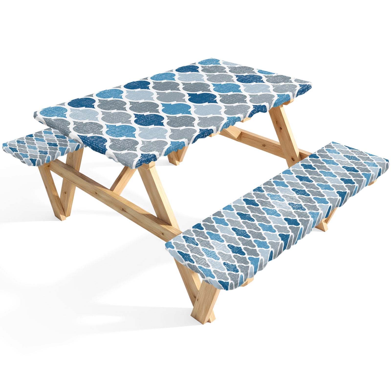 Blue Grey Picnic Table Cover with Bench Covers Geometric Morocco ...