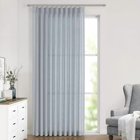 Blue Grey Pinch Pleated Semi Sheer Curtains Textured Linen Blended ...