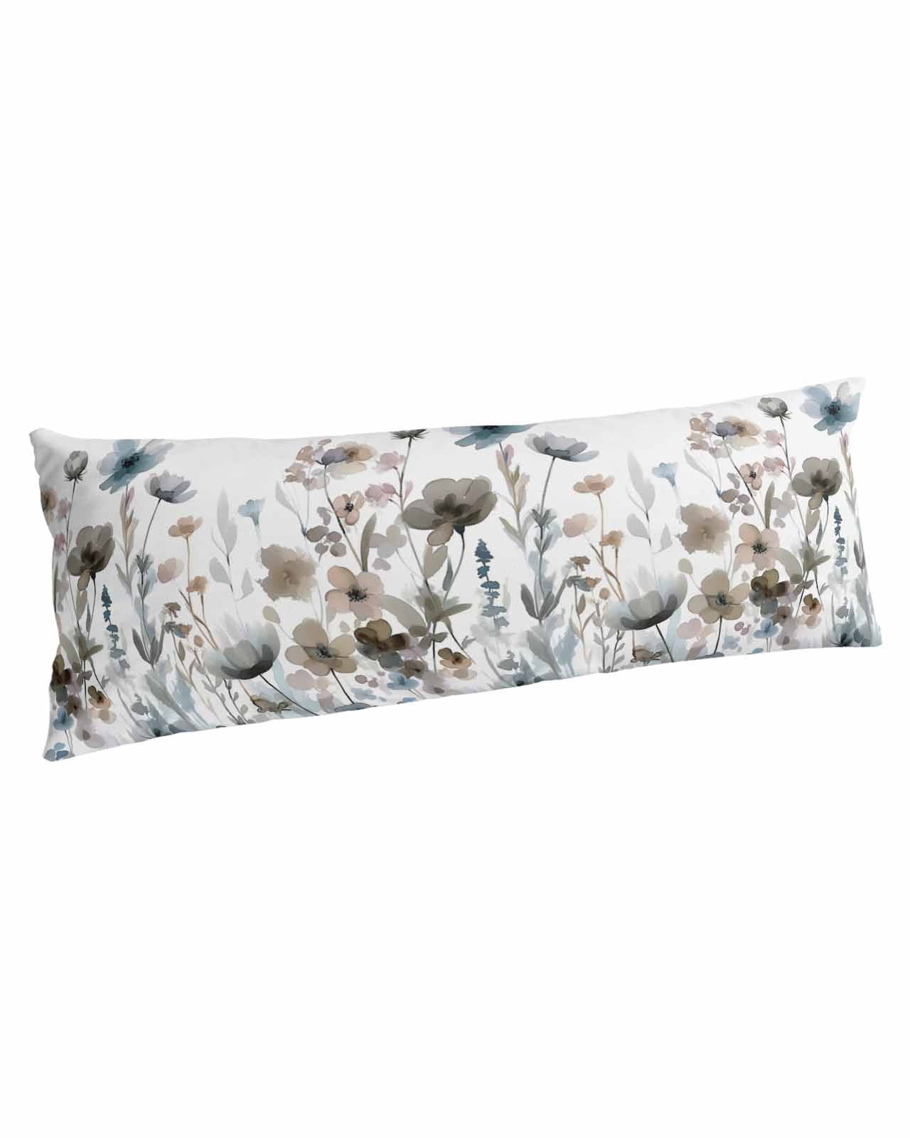 Blue Grey Pink Spring Floral Body Pillow Covers, Watercolor Botanical ...
