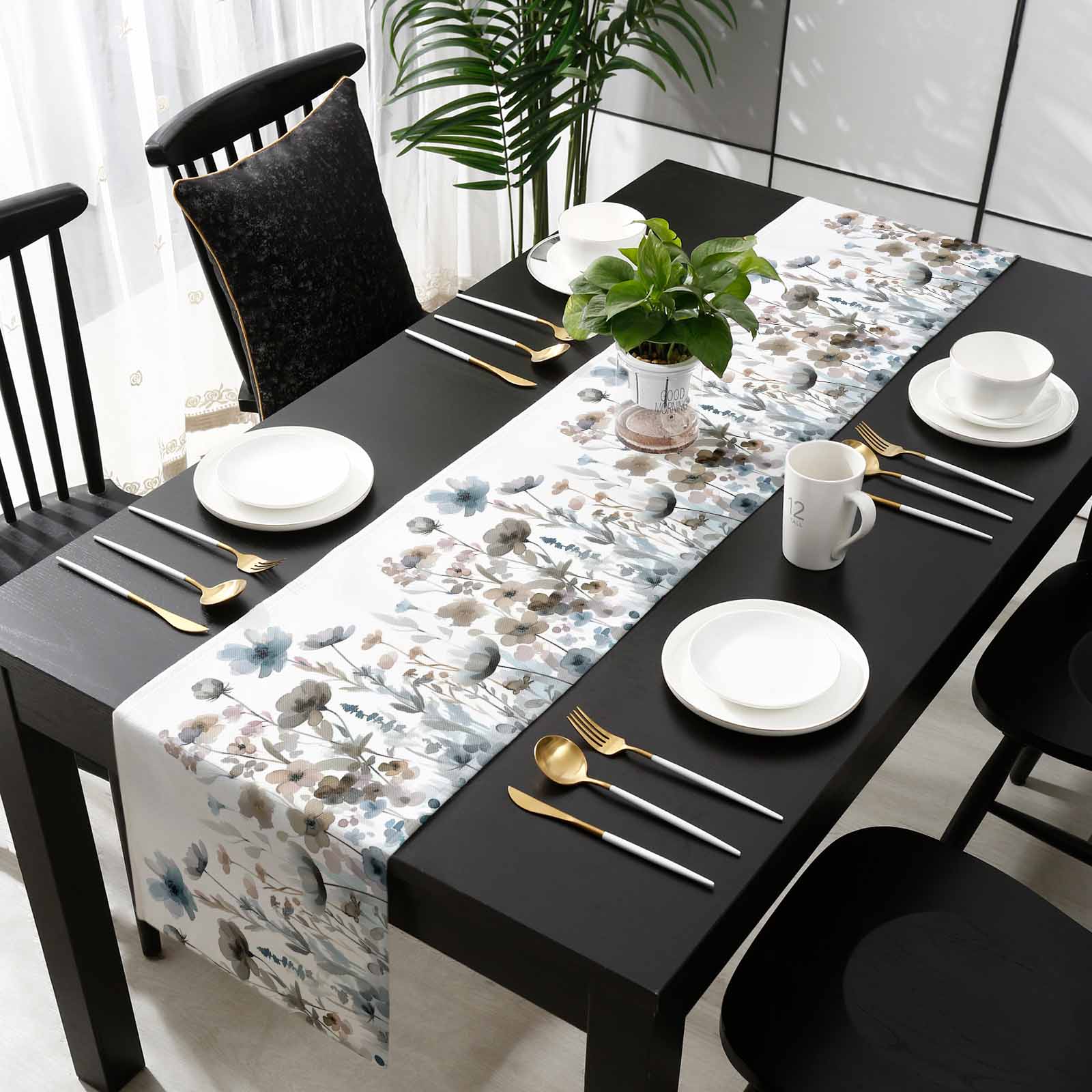 Blue Grey Pink Spring Floral Cotton Linen Small Table Runner 13 x 60 ...