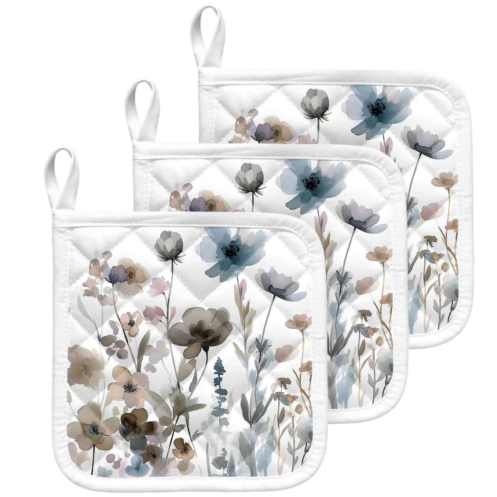 Blue Grey Pink Spring Floral Pot Holders for Kitchen Heatproof ...