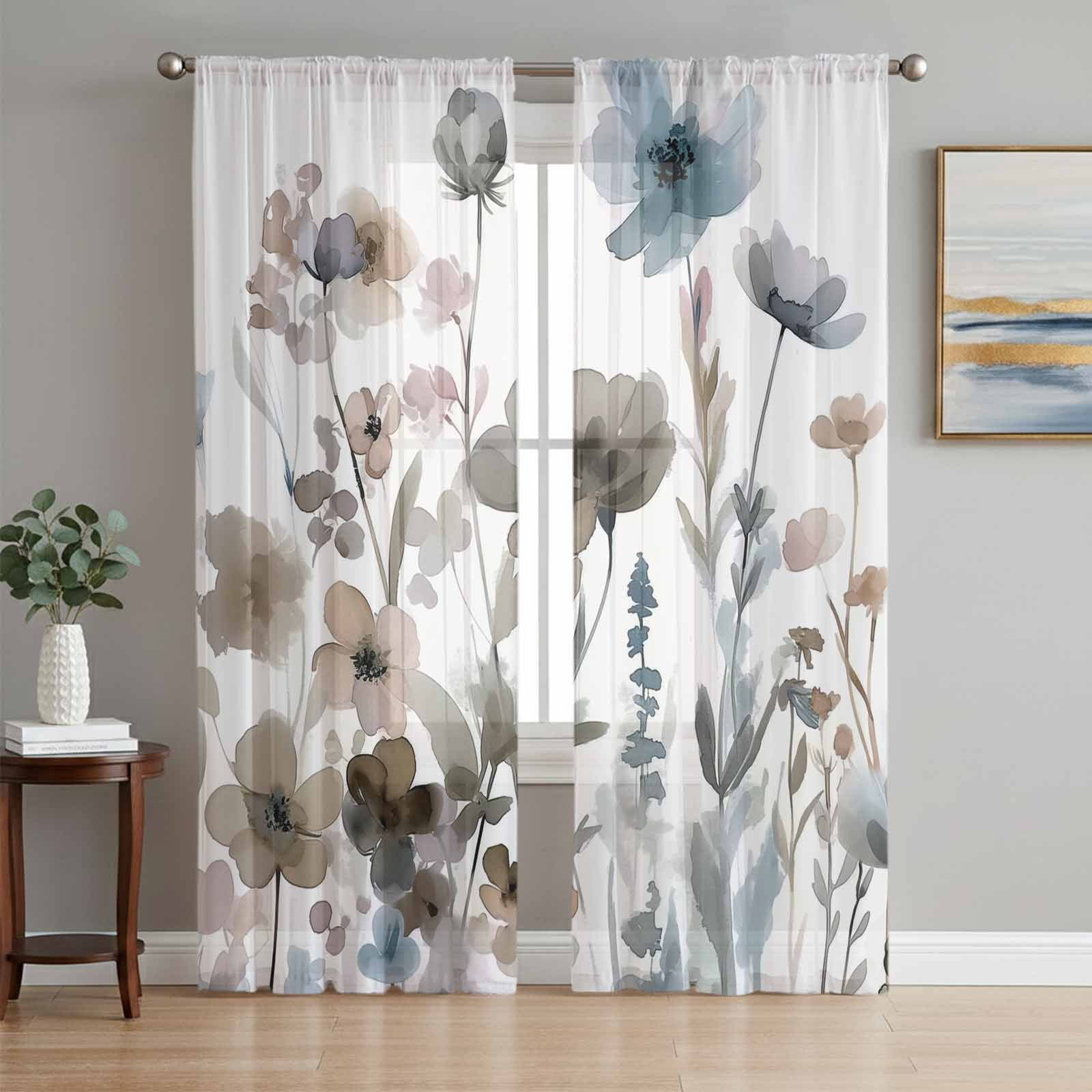 Blue Grey Pink Spring Floral Sheer Curtains 63 Inch Length 2 Panels Set ...