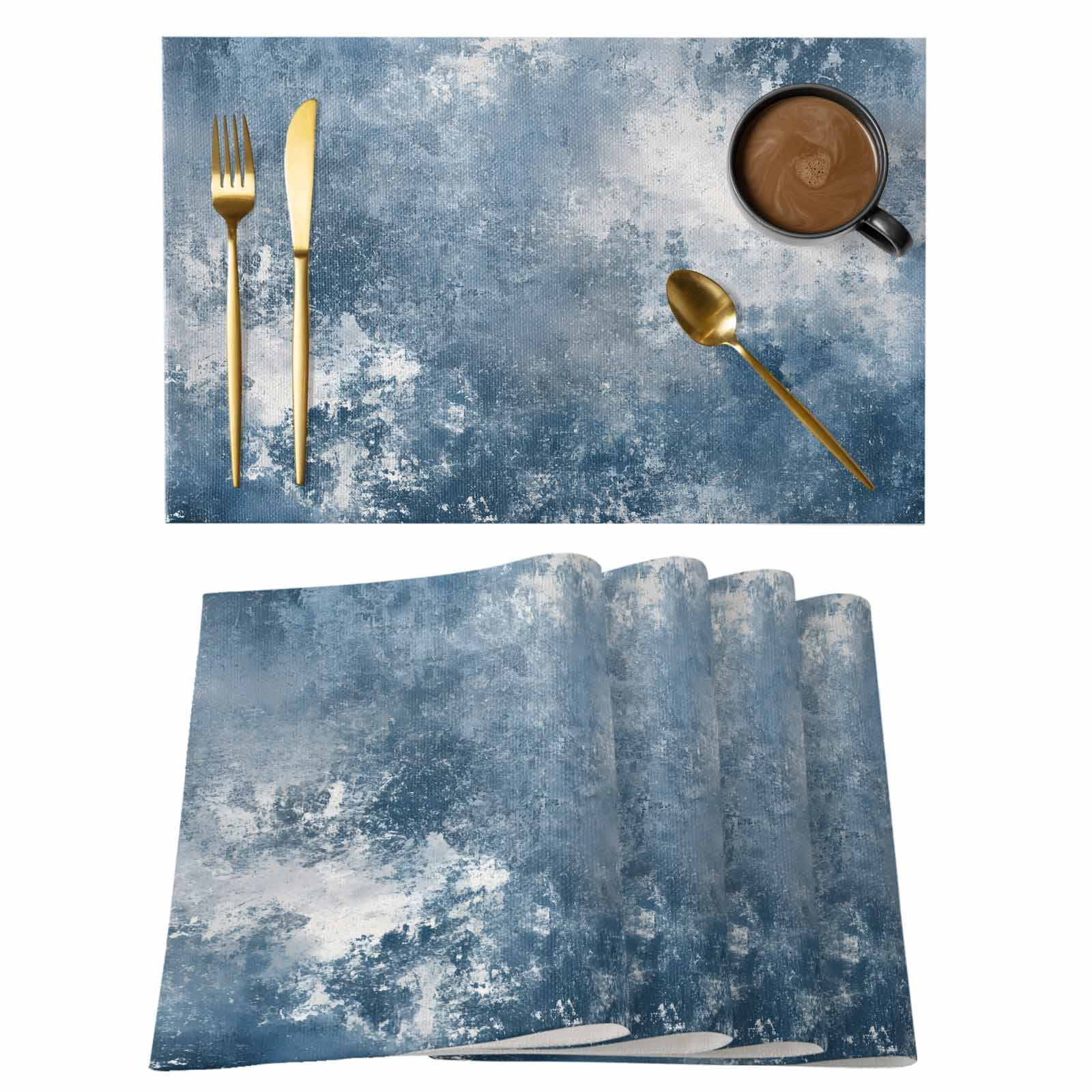Blue Grey Placemats Set of 2, Cotton Linen Fabric Place Mats, Oil ...