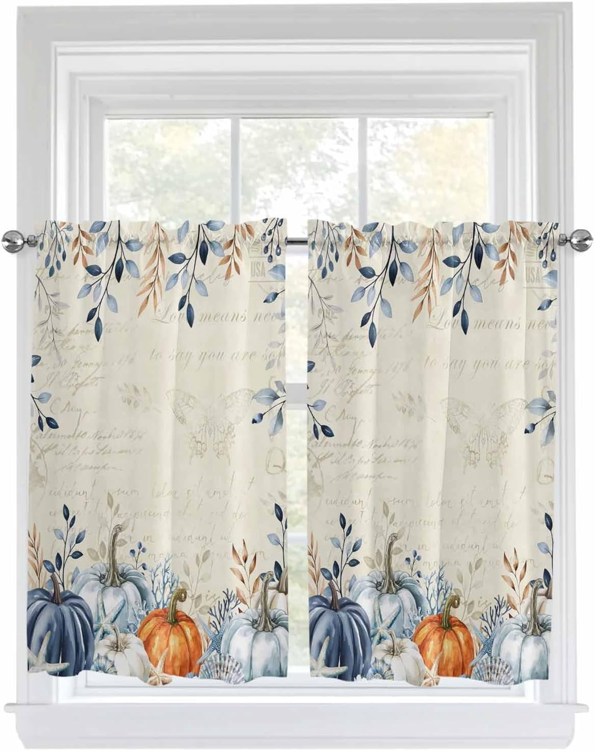 Blue Grey Pumpkins Fall Kitchen Curtains 54 Inches Length, Thanksgiving ...