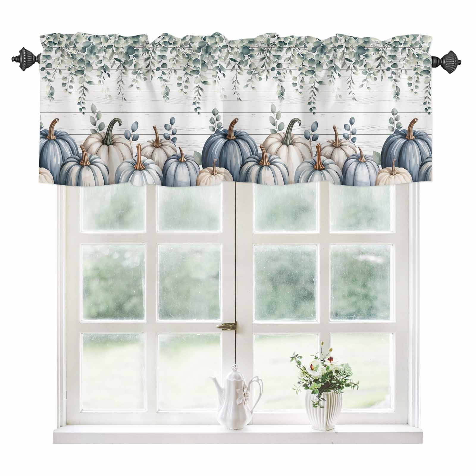 Blue Grey Pumpkins Fall Kitchen Valances for Windows 60x18 Inch Kitchen ...