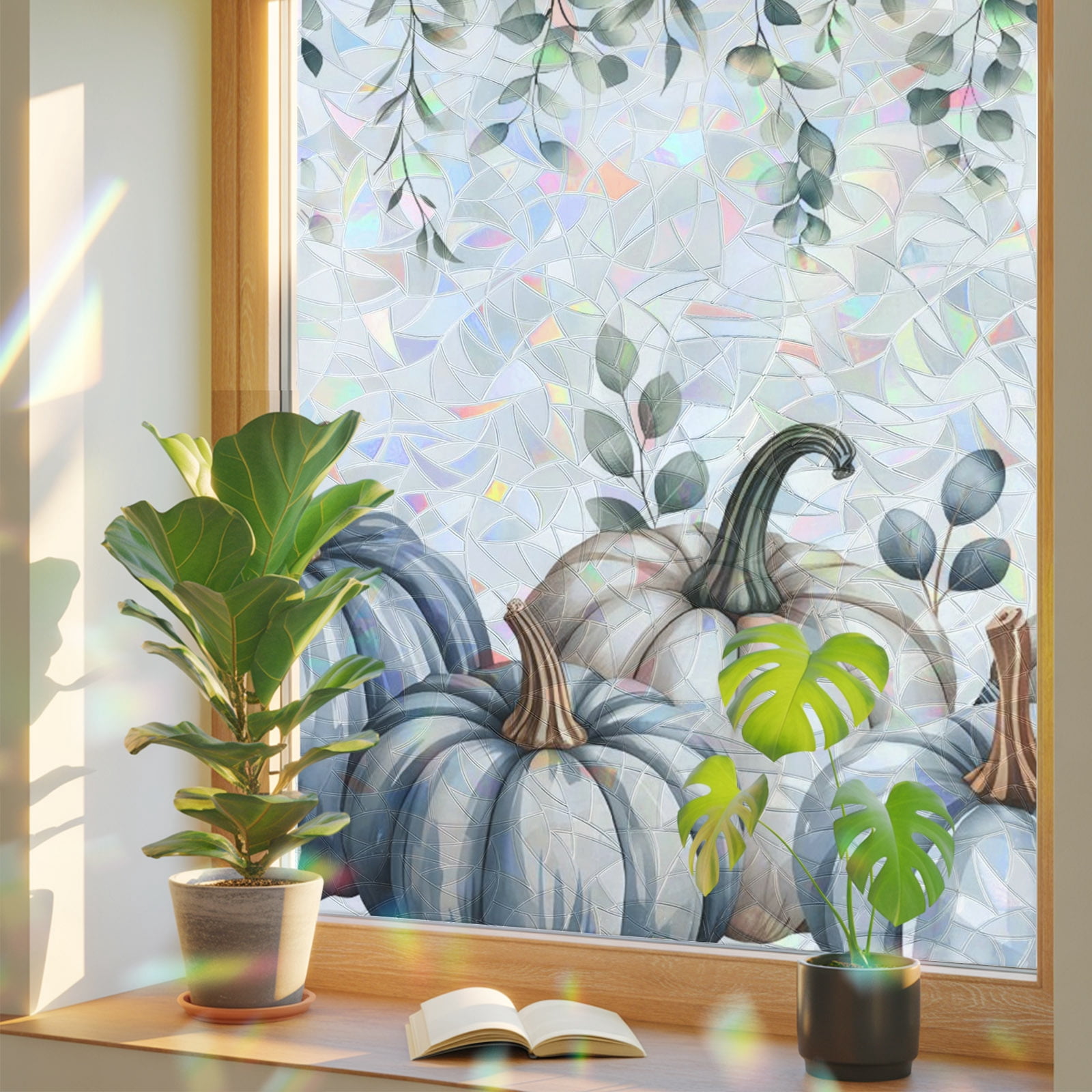 Blue Grey Pumpkins Fall Privacy Window Film, Decorative Stained Glass ...