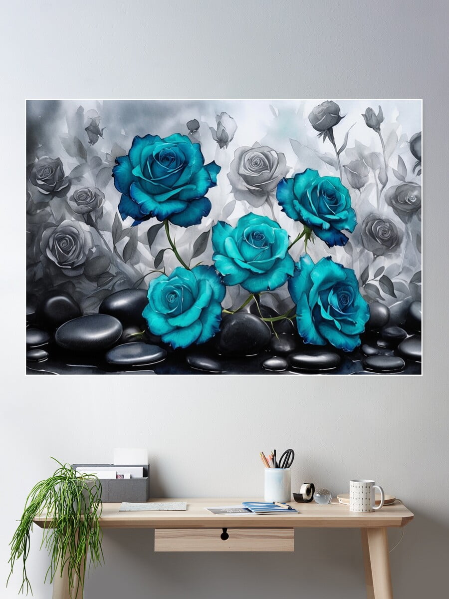 Blue & Grey Roses Poster Wall Art, Modern Wall Decor For Living Room ...