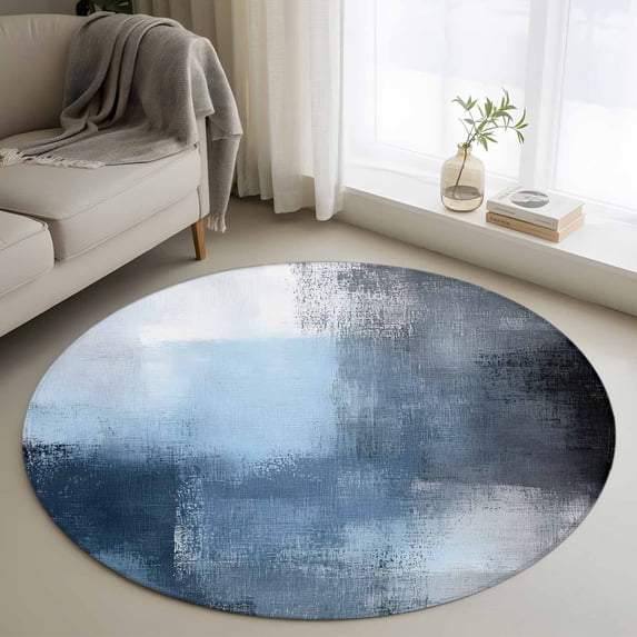 Blue Grey Round Area Rug 4 FT, Non Slip Indoor Outdoor Rug, Modern Oil ...