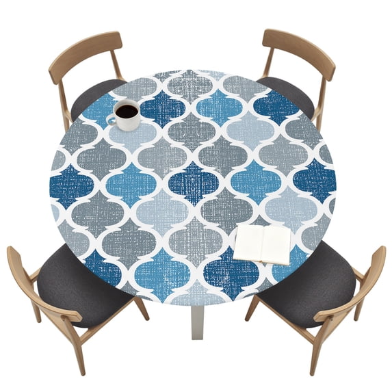 Blue Grey Round Fitted Tablecloth Geometric Morocco Quatrefoil Lattice ...
