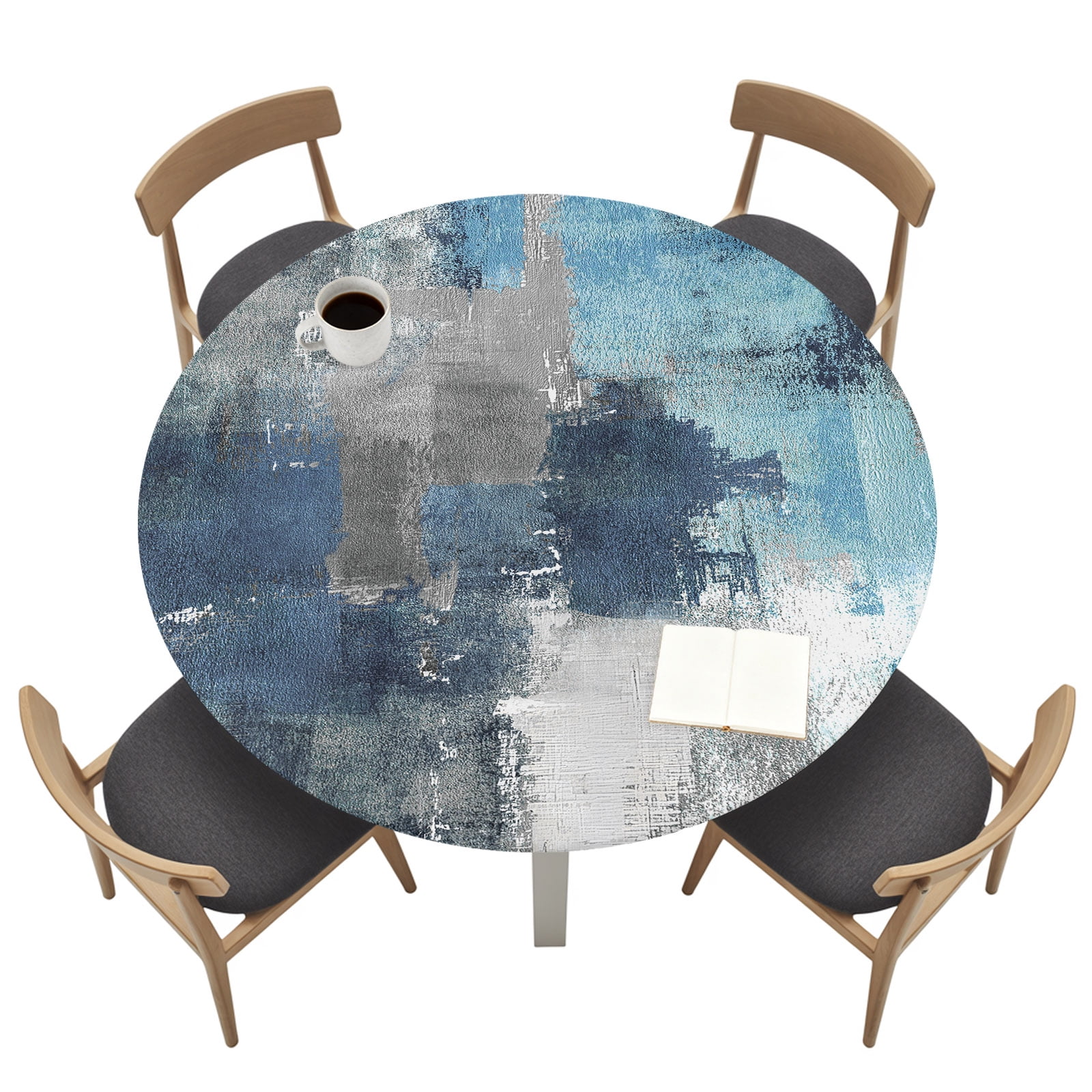 Blue Grey Round Fitted Tablecloth Modern Graffiti Brush Art Abstract ...