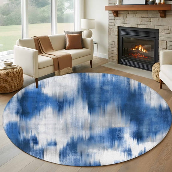 Blue Grey Round Rug 7ft Washable Circle Rugs Non Slip Modern Abstract ...