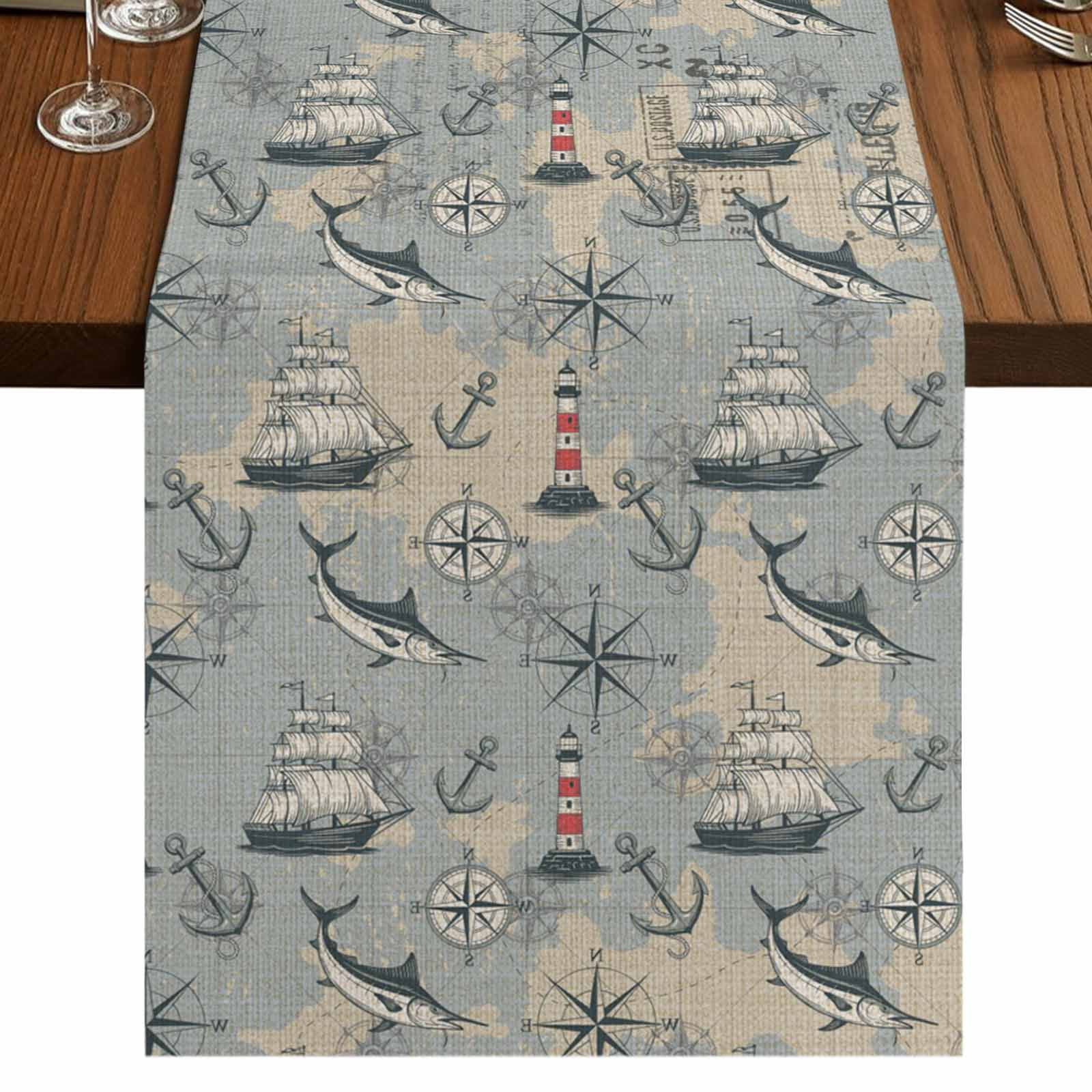 Blue Grey Seaports Burlap Cotton Table Runner 13x70 Inches Long ...