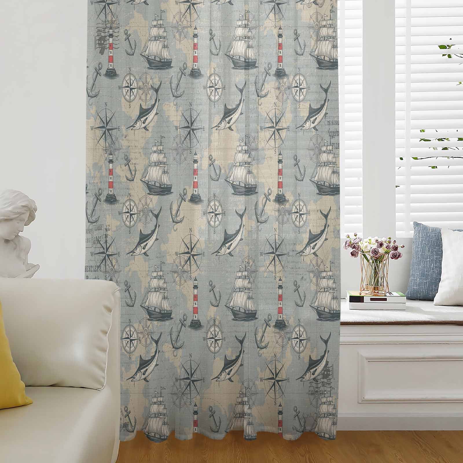 Blue Grey Seaports Semi Sheer Curtains Drapes for Living Room,Bedroom ...