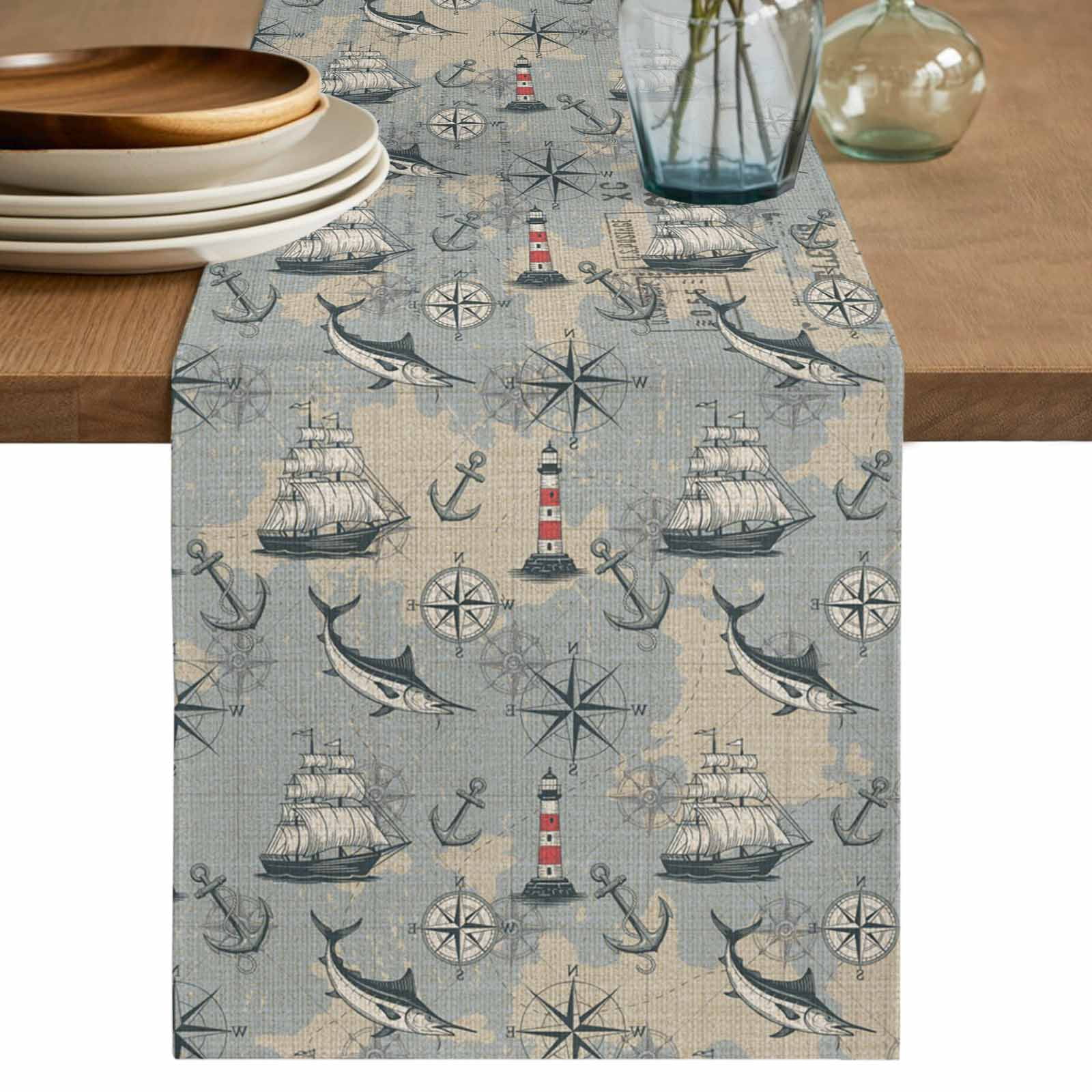 Blue Grey Seaports Table Runner 90 Inches, Vintage Ocean Anchor Shark ...