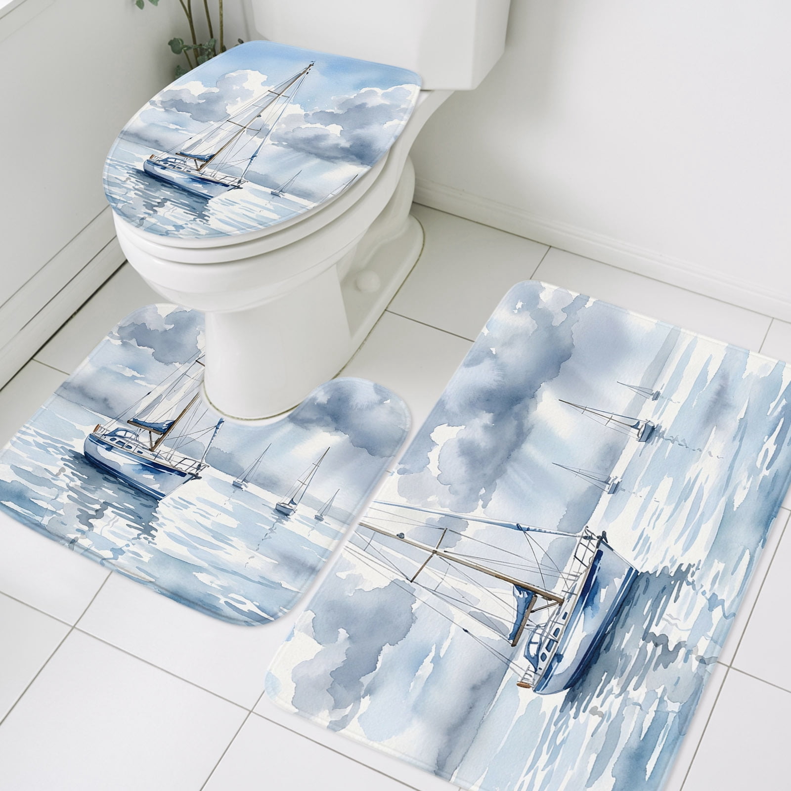 Blue and Grey Seascape Bathroom Rugs Set Ocean Sailboat Wave Cloud Sky ...