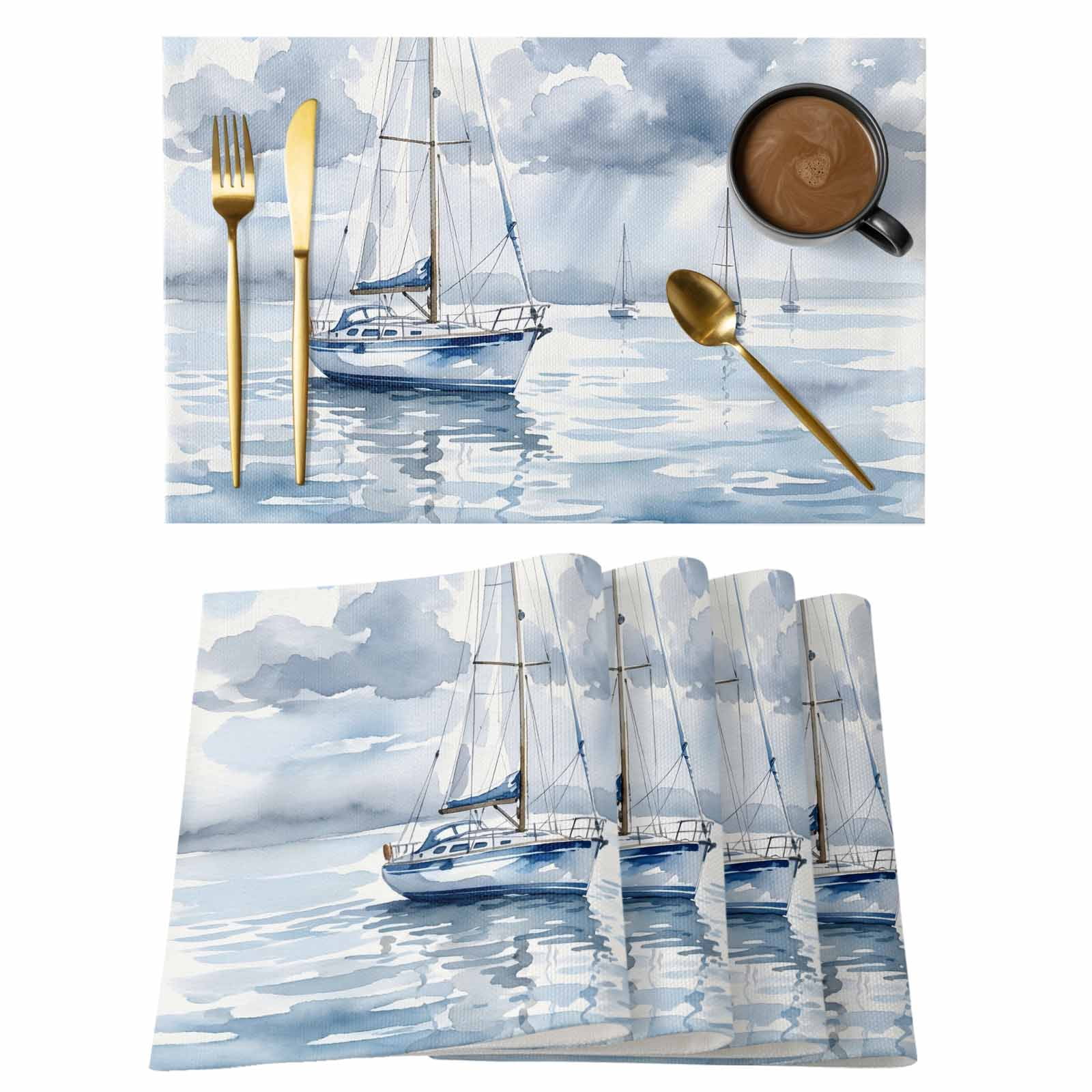 Blue and Grey Seascape Cotton Linen Placemats Set of 8, Ocean Sailboat ...
