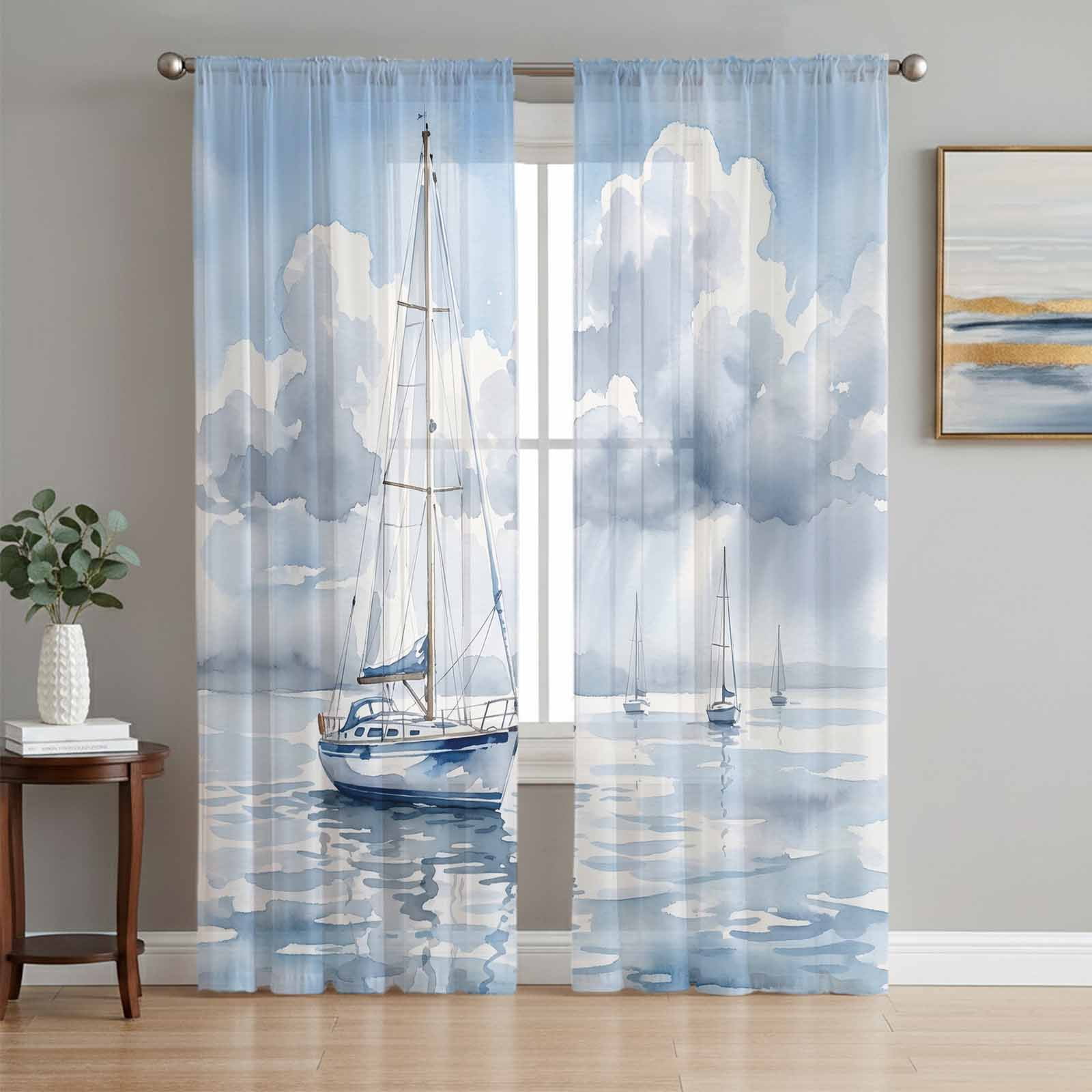 Blue and Grey Seascape Sheer Curtains for Living Room Bedroom, Ocean ...
