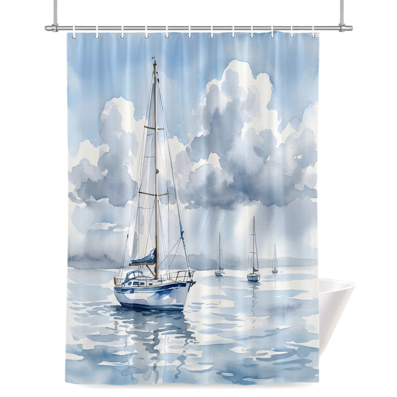 Blue and Grey Seascape Shower Curtains for Bathroom, Ocean Sailboat ...
