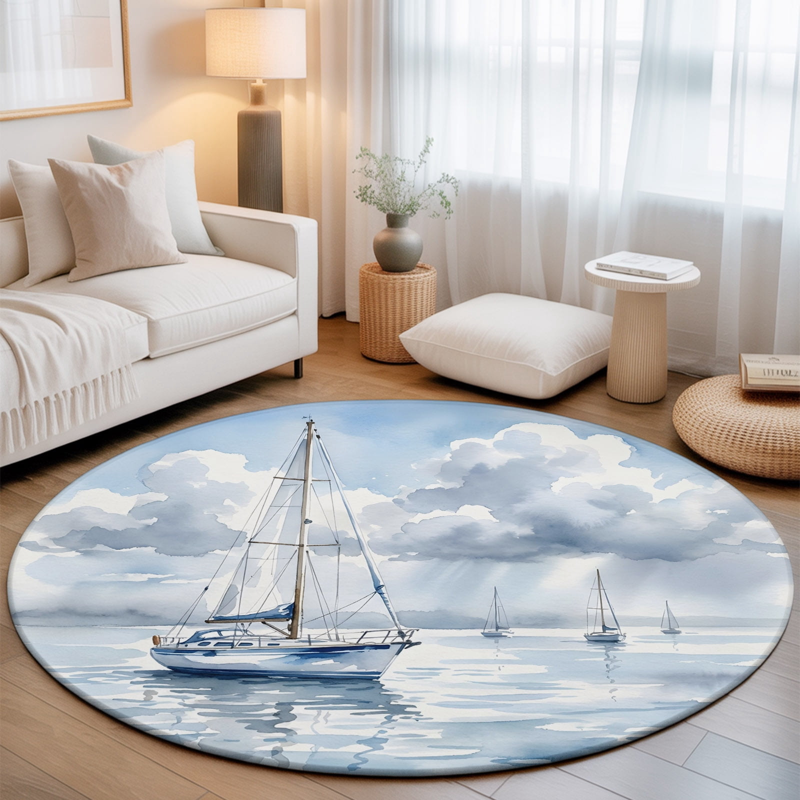Blue and Grey Seascape Washable Round Area Rug 8 ft, Ocean Sailboat ...