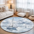 Blue and Grey Seascape Washable Round Area Rug 8 ft, Ocean Sailboat ...