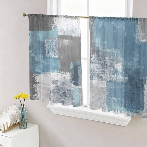 Blue Grey Semi Sheer Curtains 45 Inch Length 2 Panels Set, Modern Oil ...