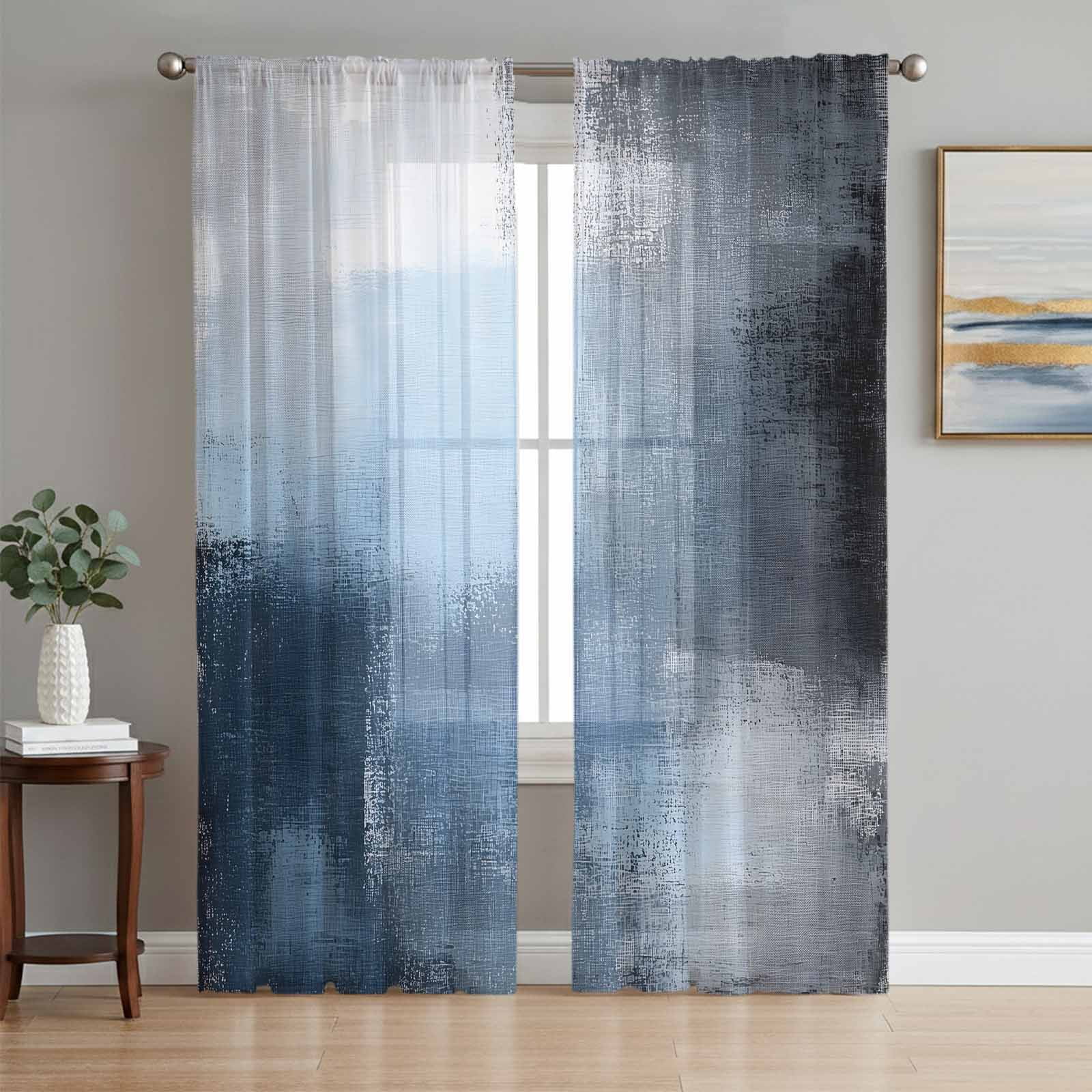 Blue Grey Semi Sheer Curtains 84 Inch Length 2 Panels Set, Modern Oil ...