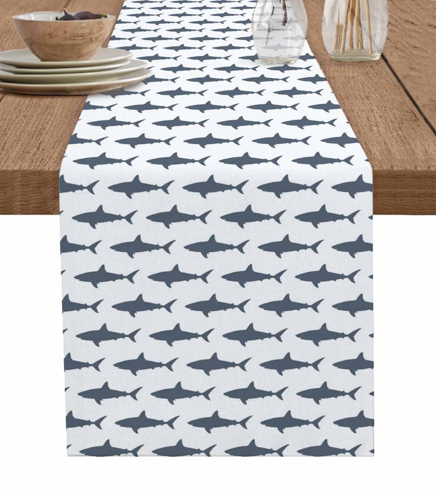 Blue Grey Sharks Table Runner 72 Inches, Modern Coastal Ocean Animals ...