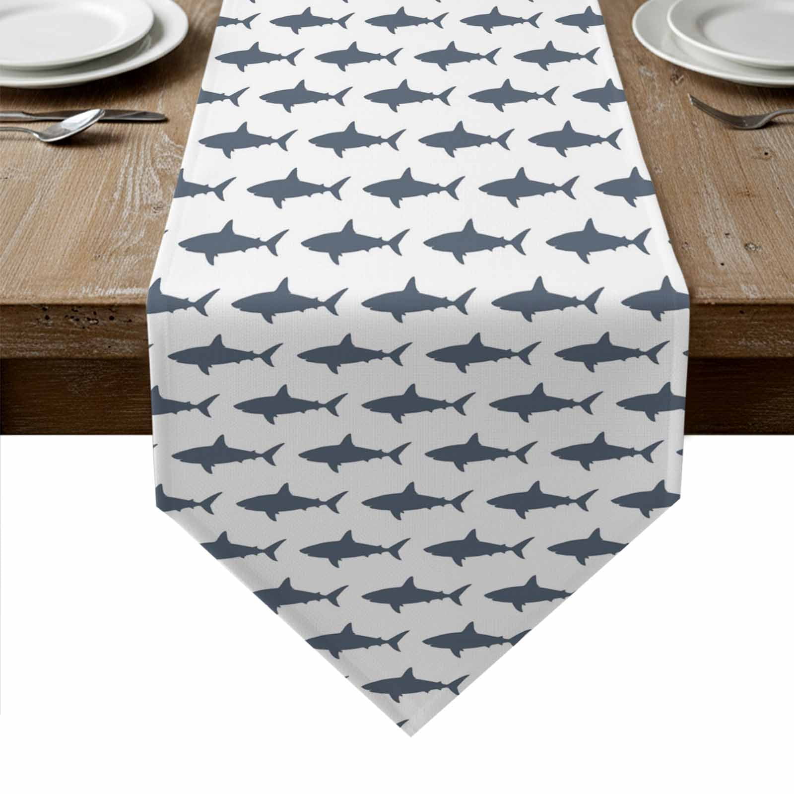 Blue Grey Sharks Table Runner Linen Burlap Table Runner 108 Inches Long ...