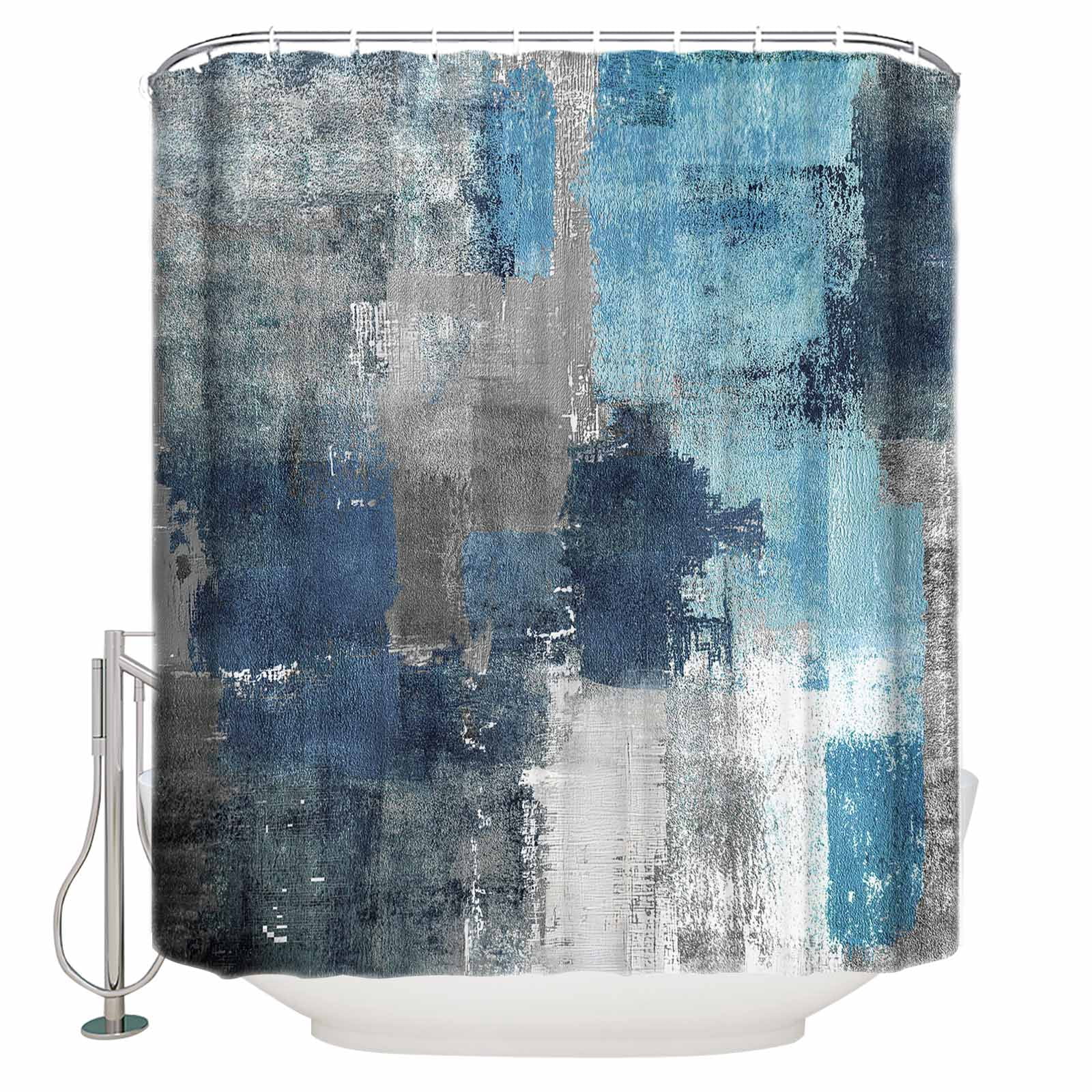 Blue Grey Shower Curtain, 36" x 72", Modern Graffiti Brush Art Abstract ...