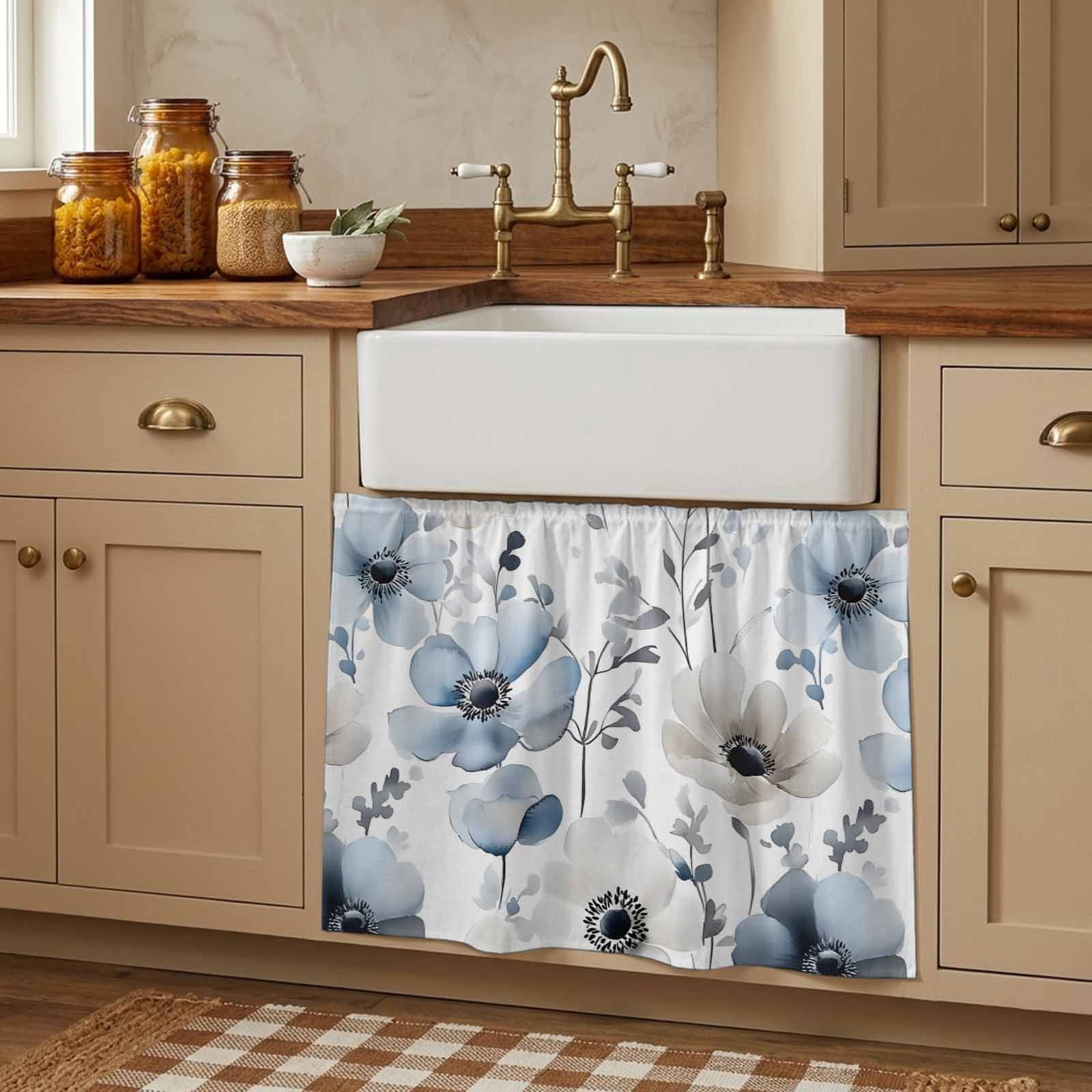 Blue Grey Spring Floral Cabinet Curtains 27.6"W x 35.4"L, Summer ...
