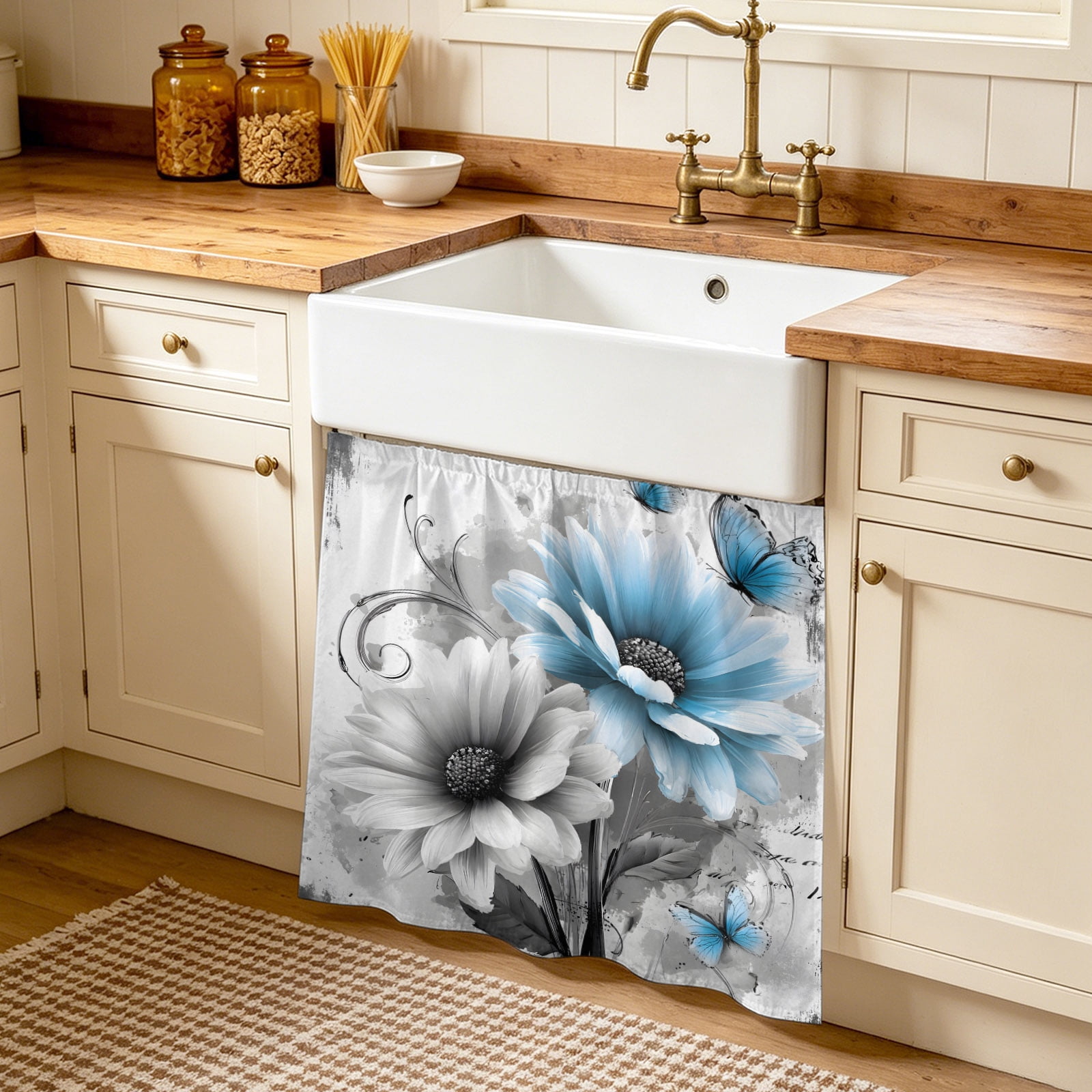 Blue Grey Spring Floral Cabinet Curtains 35"W x 35"L, Summer Botanical ...