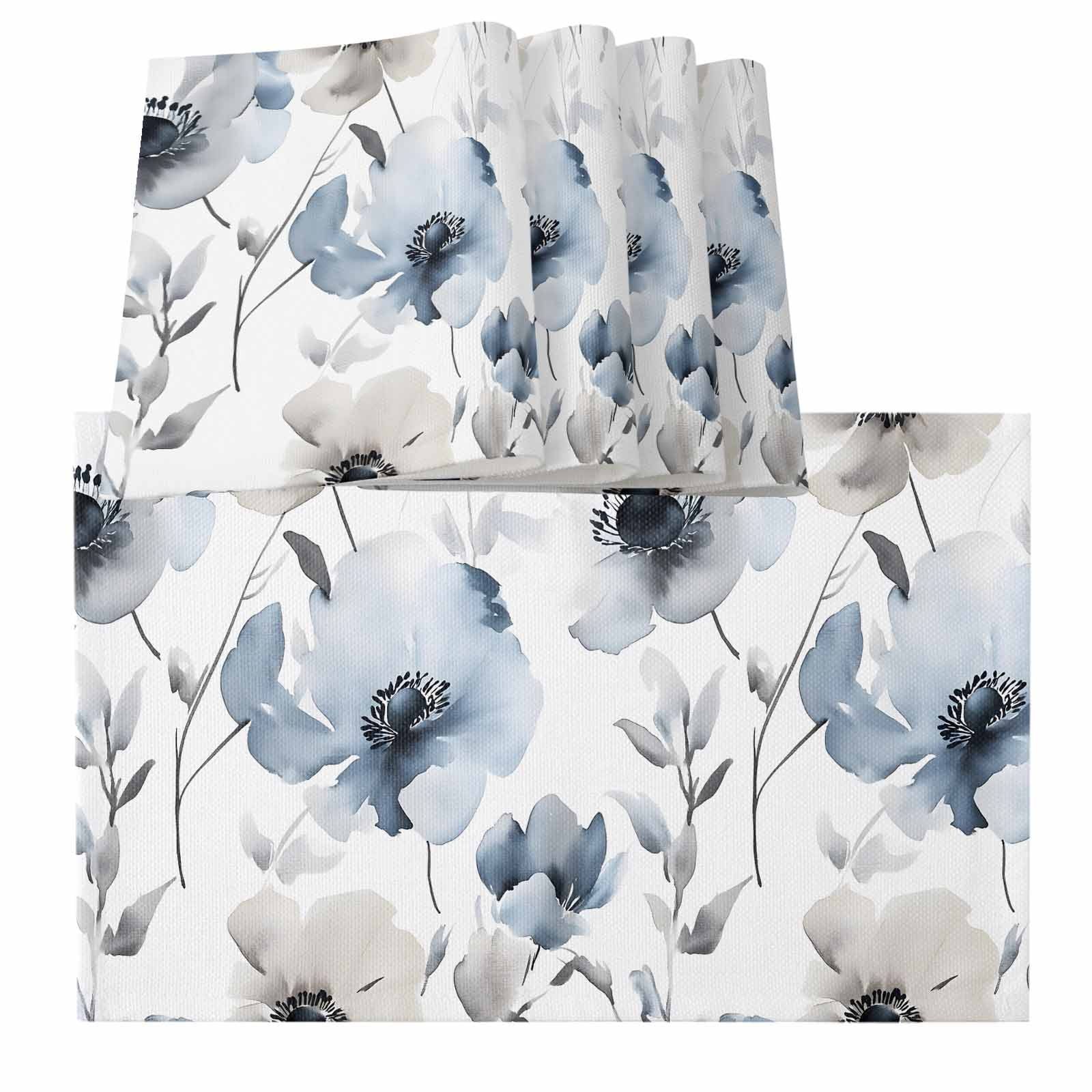 Blue Grey Spring Floral Placemats for Dinning Table Set of 4, Elegant ...