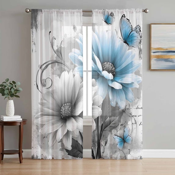 Blue Grey Spring Floral Semi Sheer Curtains 96 Inch Length 2 Panels Set ...
