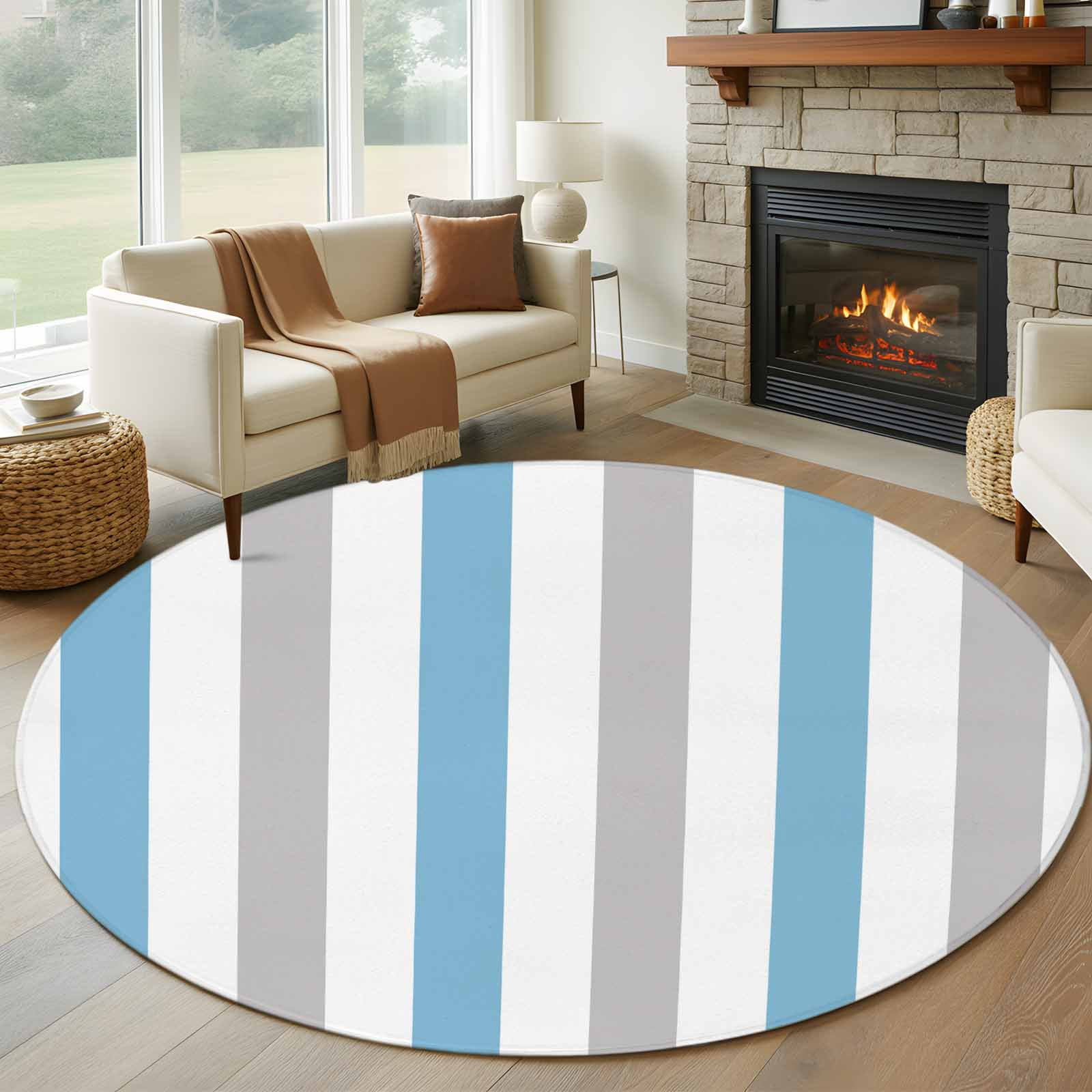 Blue Grey Stripe 8ft Round Rug, Modern Farmhouse Vertical Striped Non ...