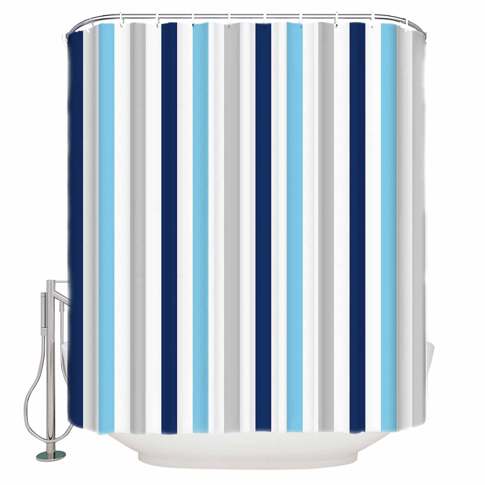 Blue Grey Stripe Bathroom Shower Curtains with 12 Hooks Polyester ...