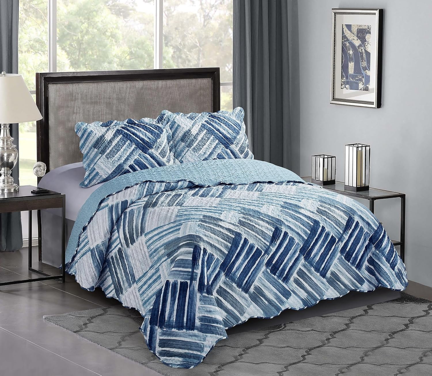 Blue and Grey Stripe Blocks Patchwork, 3-Piece Quilt Set with 2 Shams ...