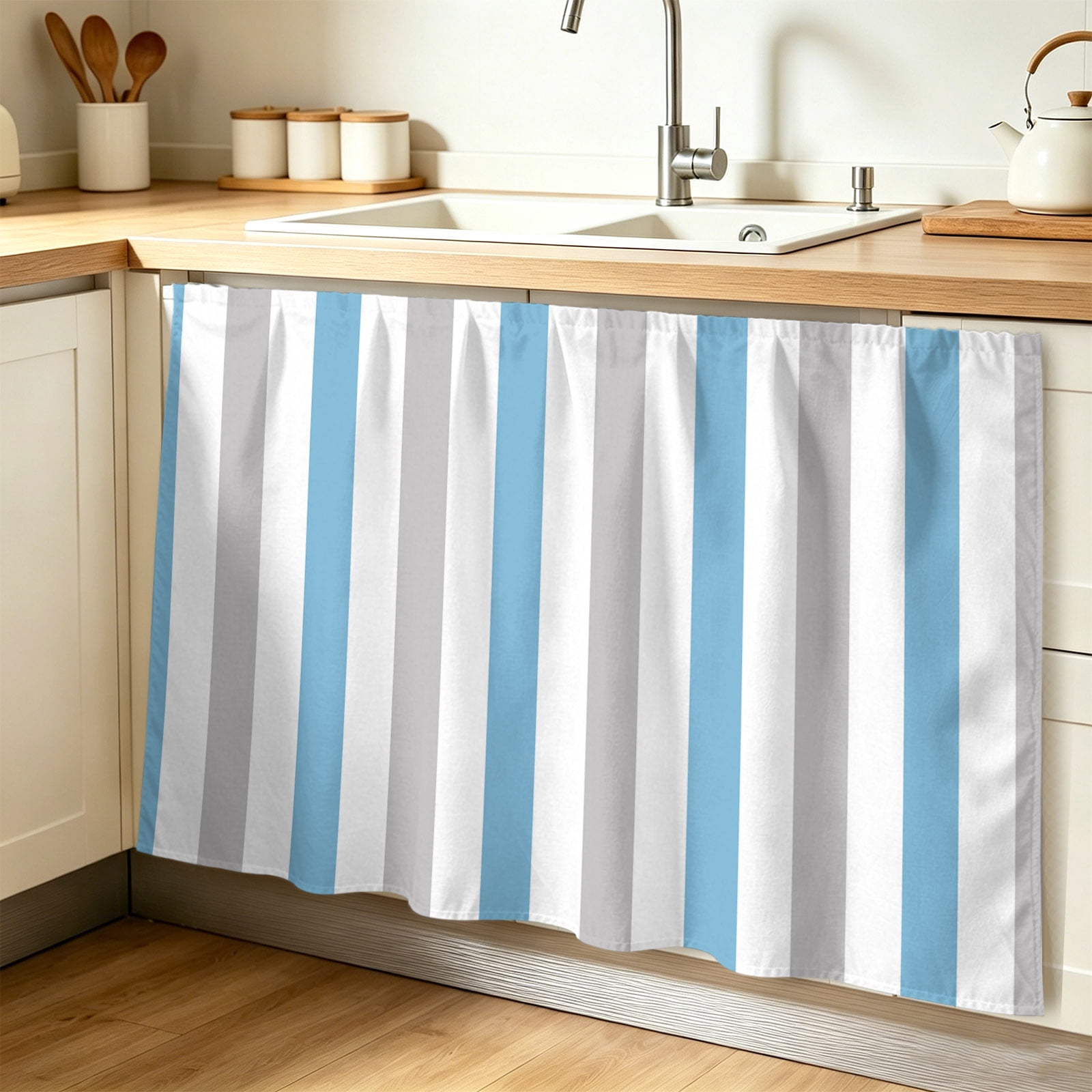 Blue Grey Stripe Cabinet Curtain, Classic Modern Sink Skirt for ...