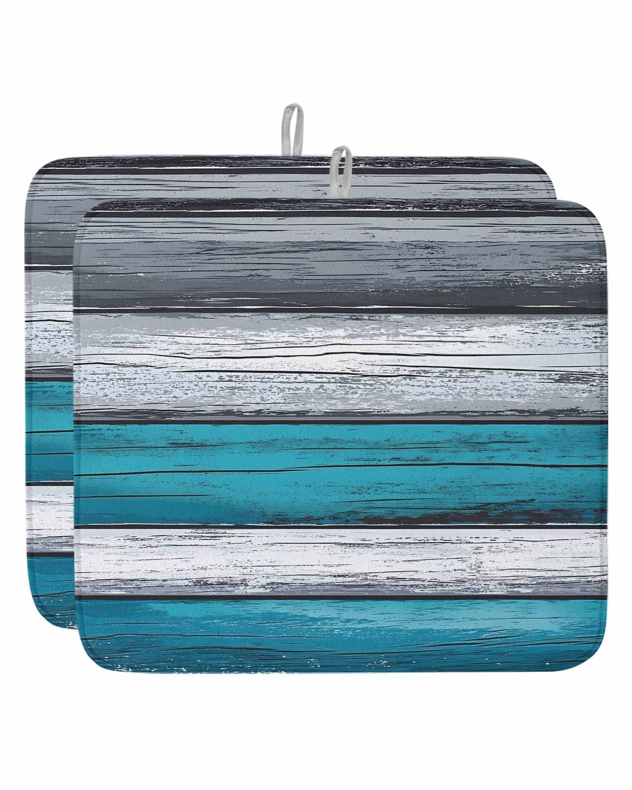 Blue Grey Stripe Dish Drying Mat 16x18 inch Vintage Coastal Style Wood ...
