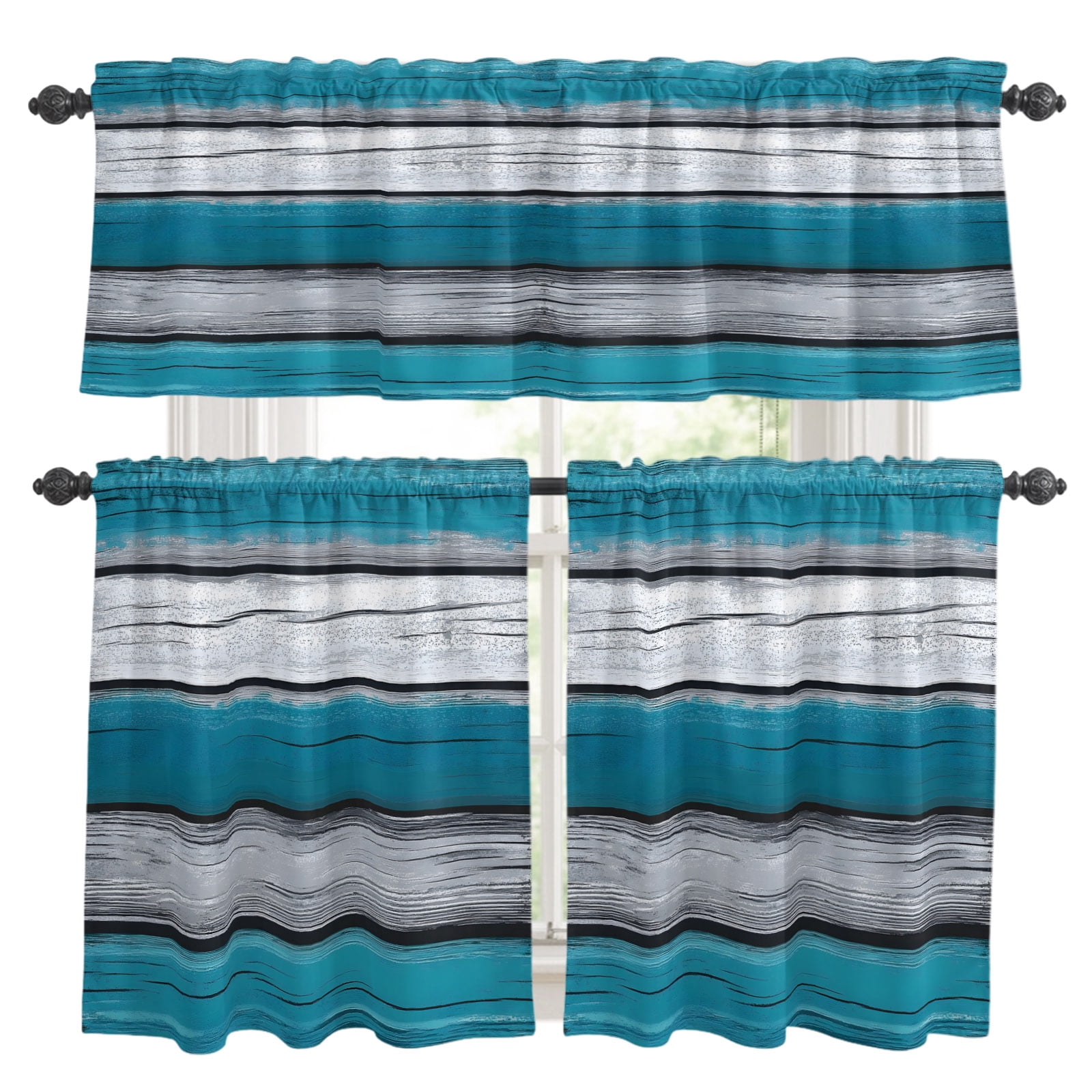 Blue Grey Stripe Kitchen Curtains Valance and Tier Set Vintage Coastal ...