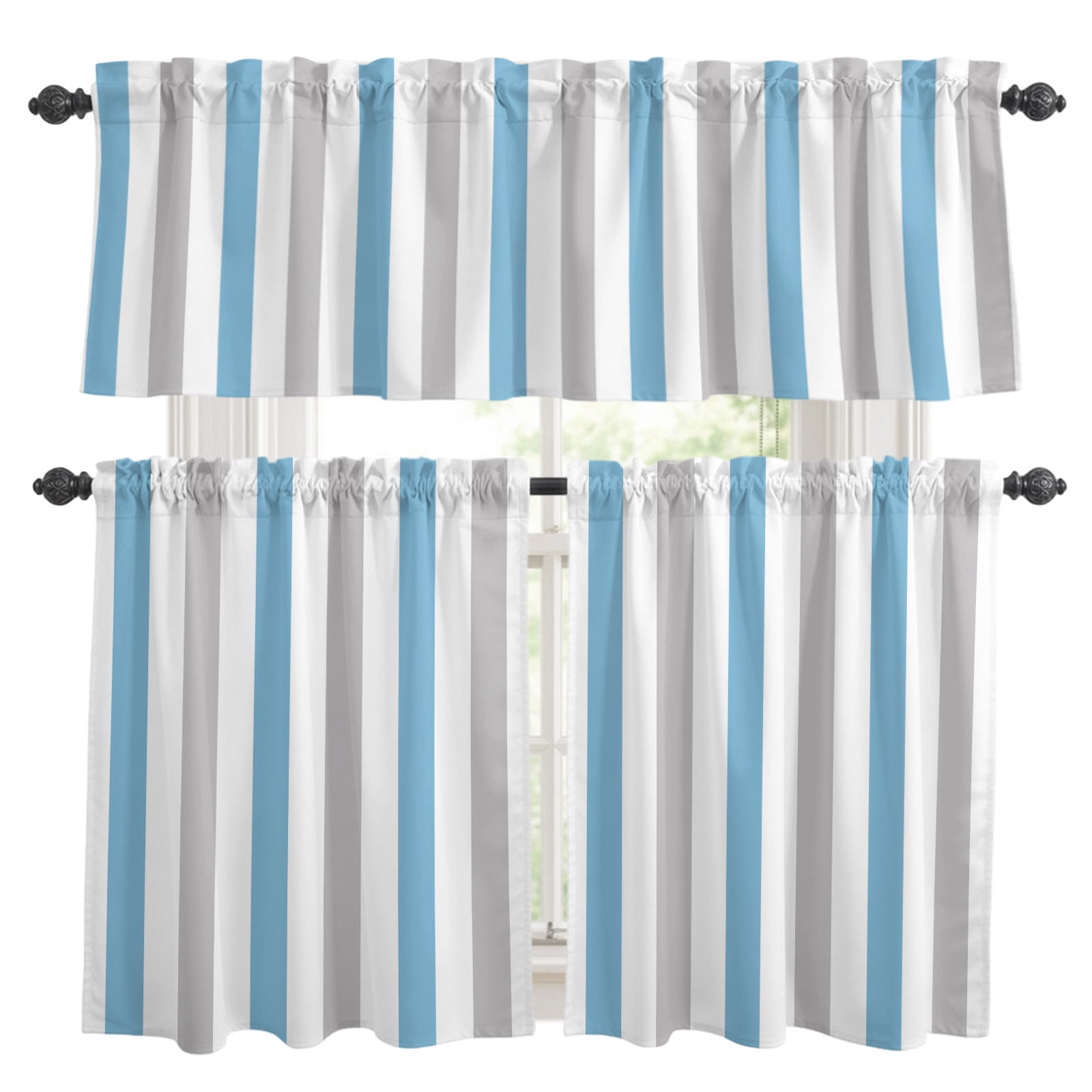 Blue Grey Stripe Kitchen Curtains and Valances Set, Classic Modern Rod ...