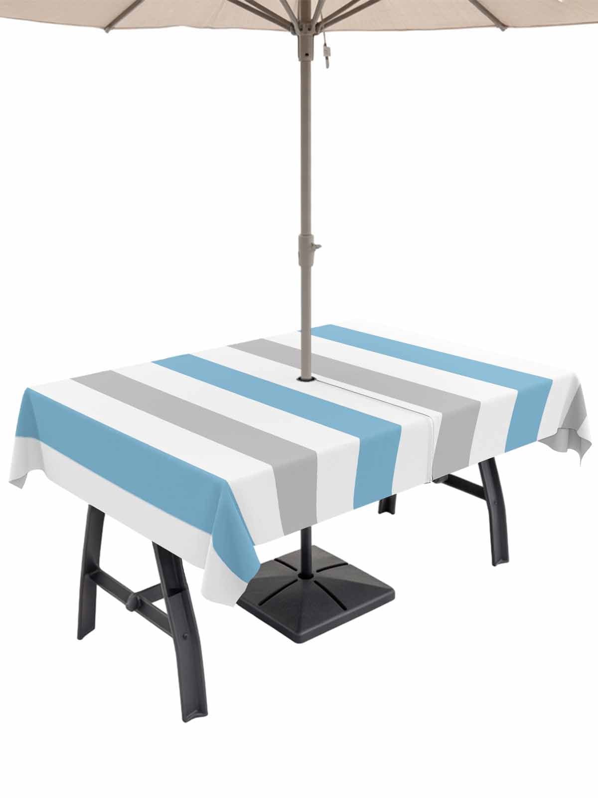 Blue Grey Stripe Outdoor Tablecloth with Umbrella Hole, Modern ...