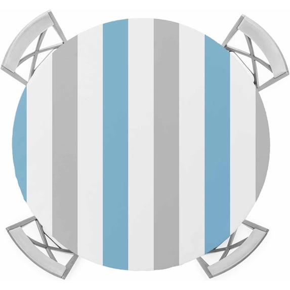 Blue Grey Stripe Round Fitted Tablecloth with Elastic Edge, Modern ...