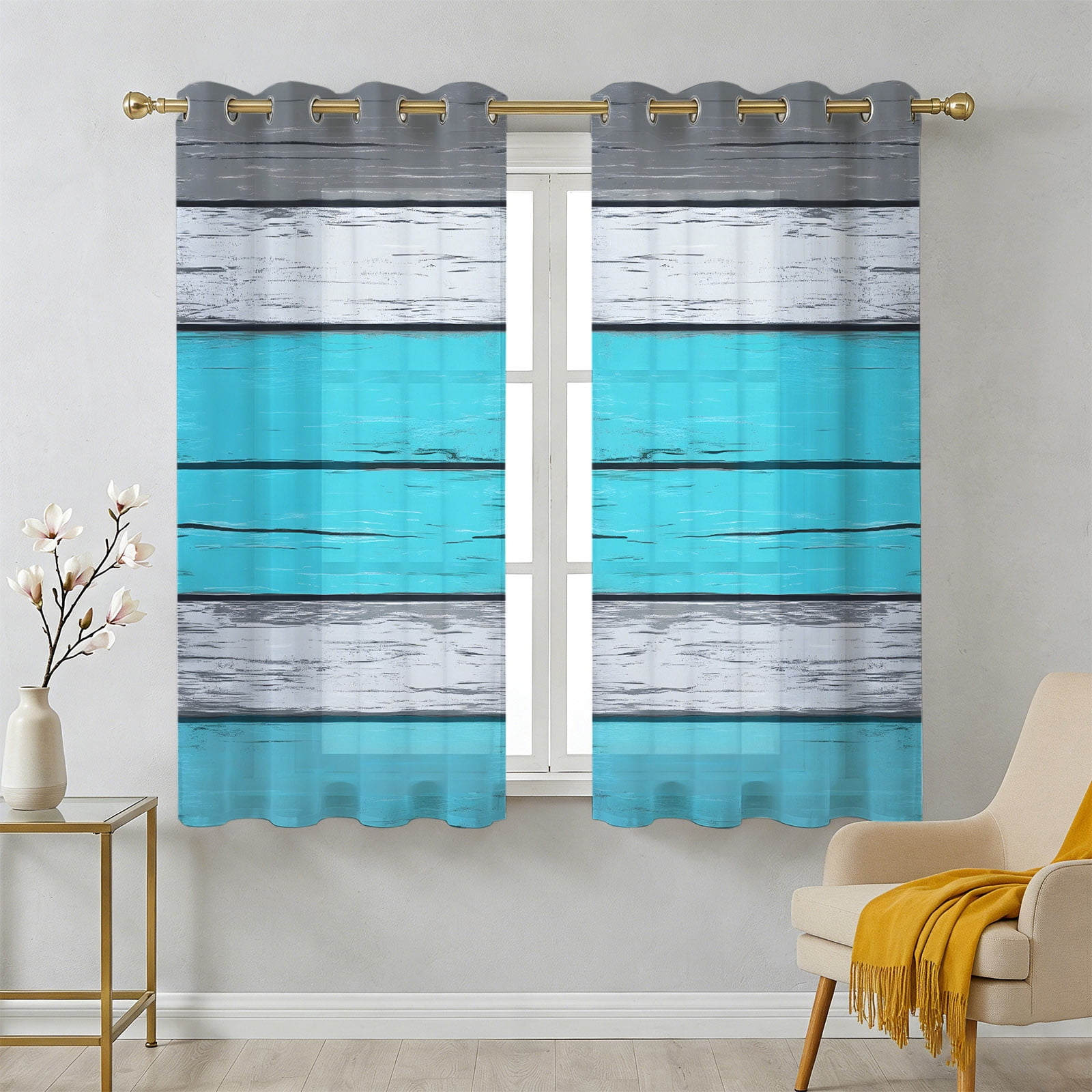 Blue Grey Stripe Sheer Curtains 54 Inch Long 2 Panels, Retro Coastal ...