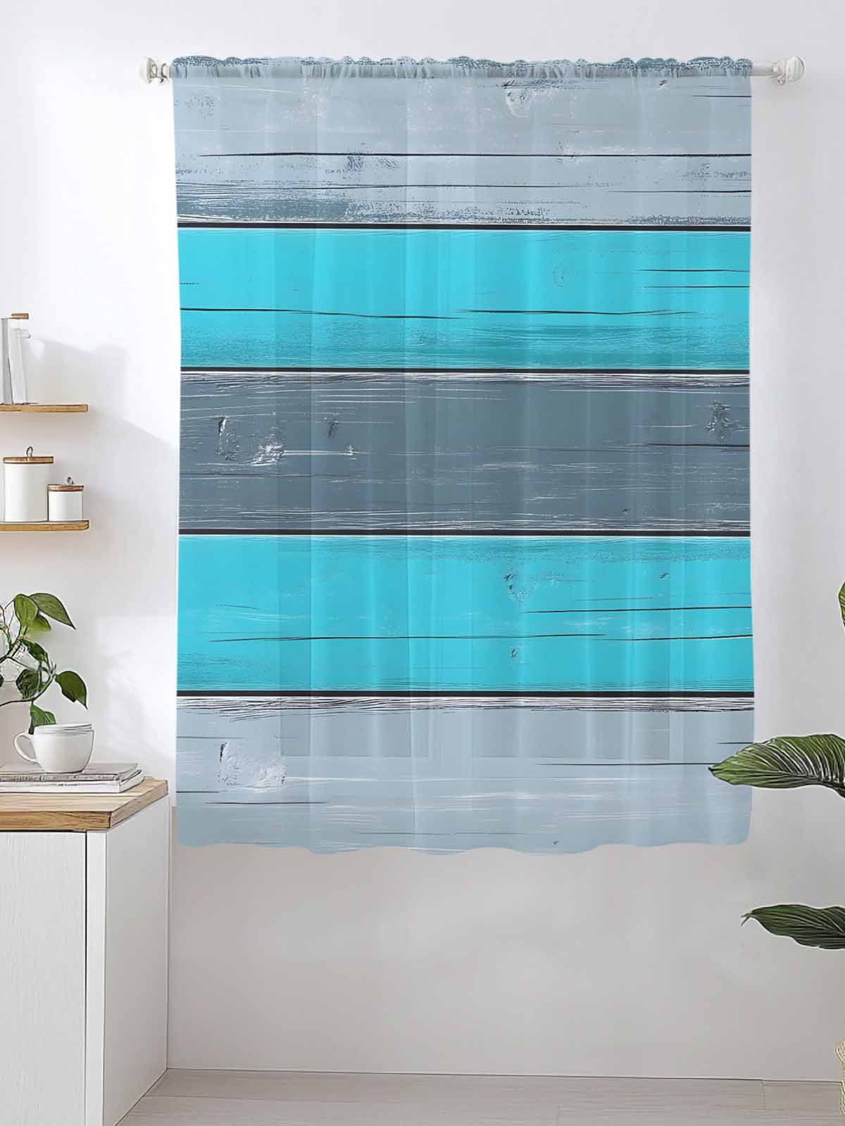 Blue Grey Stripe Sheer Curtains 63 Inch Long 1 Panel Retro Coastal ...