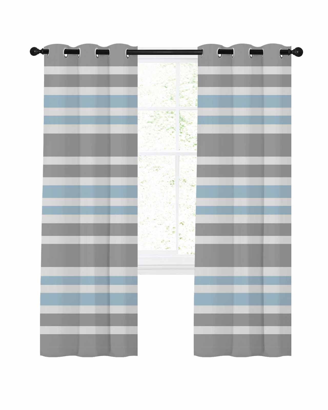 Blue Grey Striped Blackout Curtains, Light Blocking Print Window ...